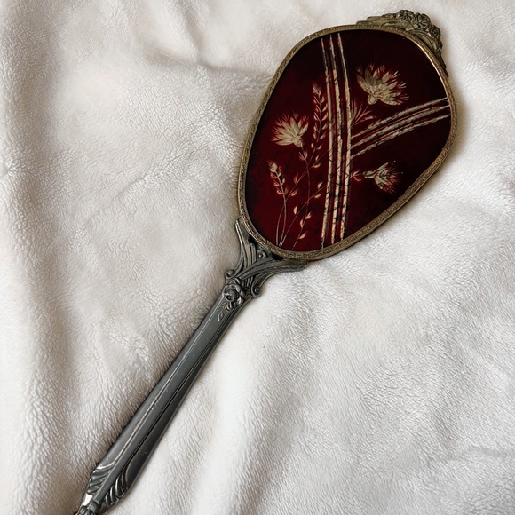 Other | Vintage Hand Held Mirror With Flowers Red Back | Poshmark